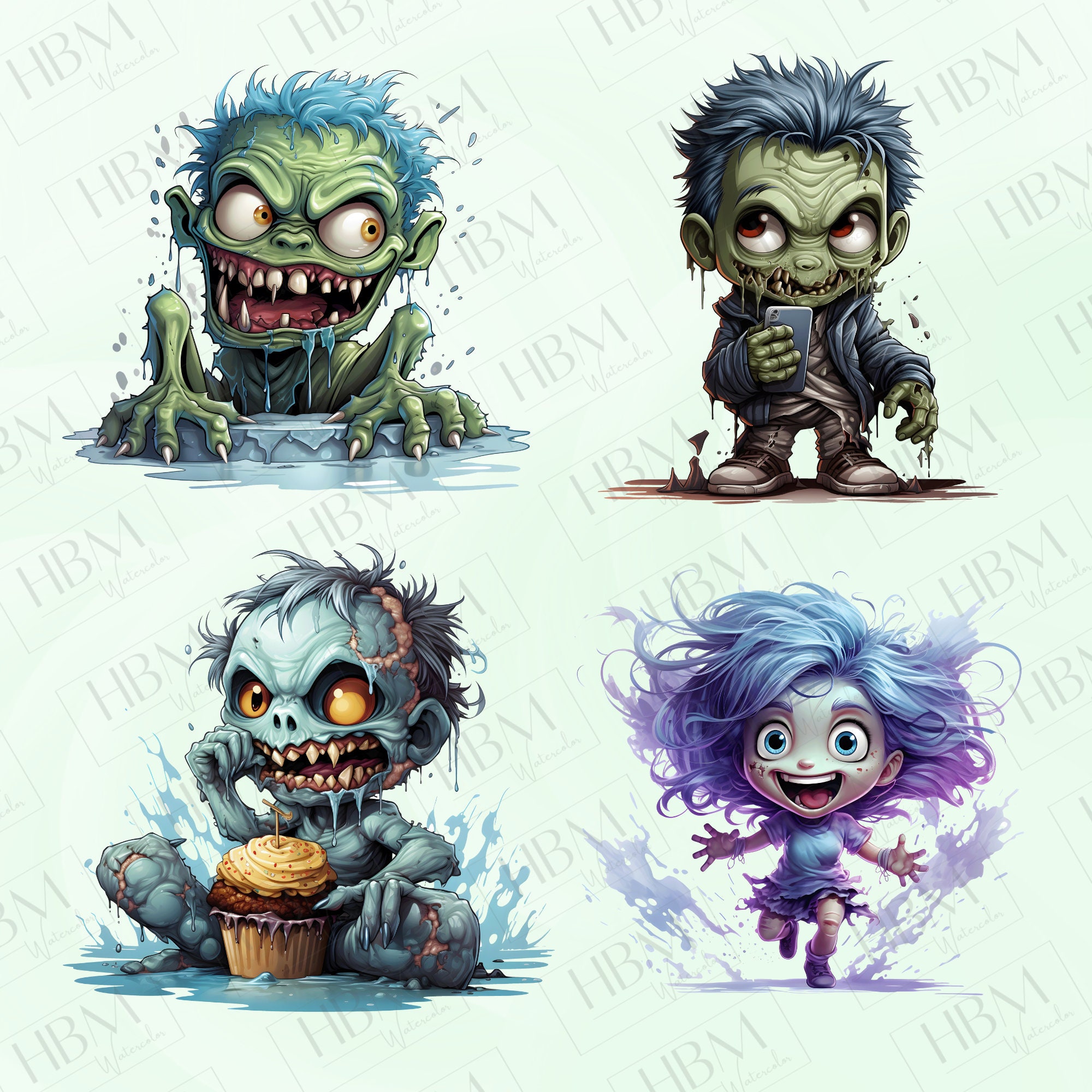Scary Watercolor Halloween Zombies Clipart Bundle, Whimsical Haunted ...