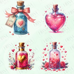 Watercolor Love Potion Bottles Clipart Bundle, Romantic Tonic Sticker ...