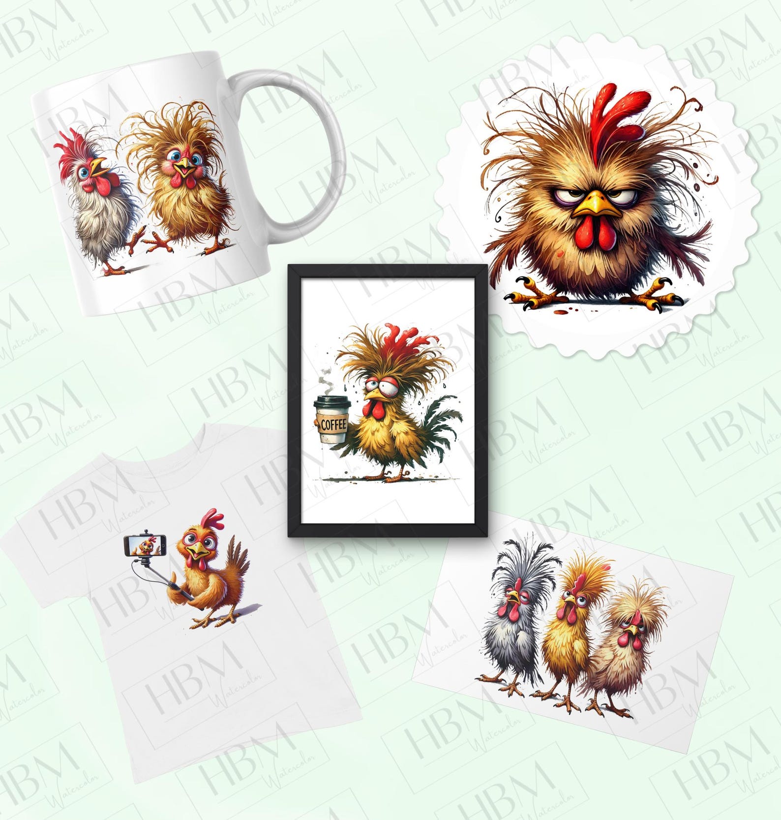 Funny Quirky Chicken Clipart Bundle, Humorous Whimsical Rooster Sticker ...