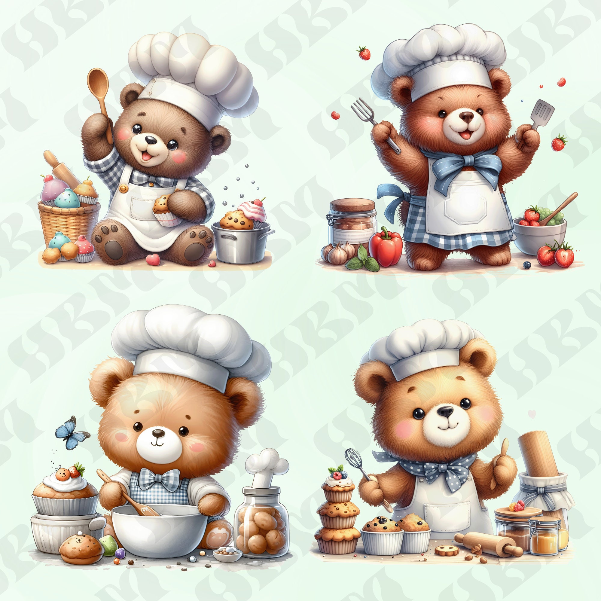 Cute Watercolor Teddy Chef Clipart Bundle, Culinary Bear Illustrations ...