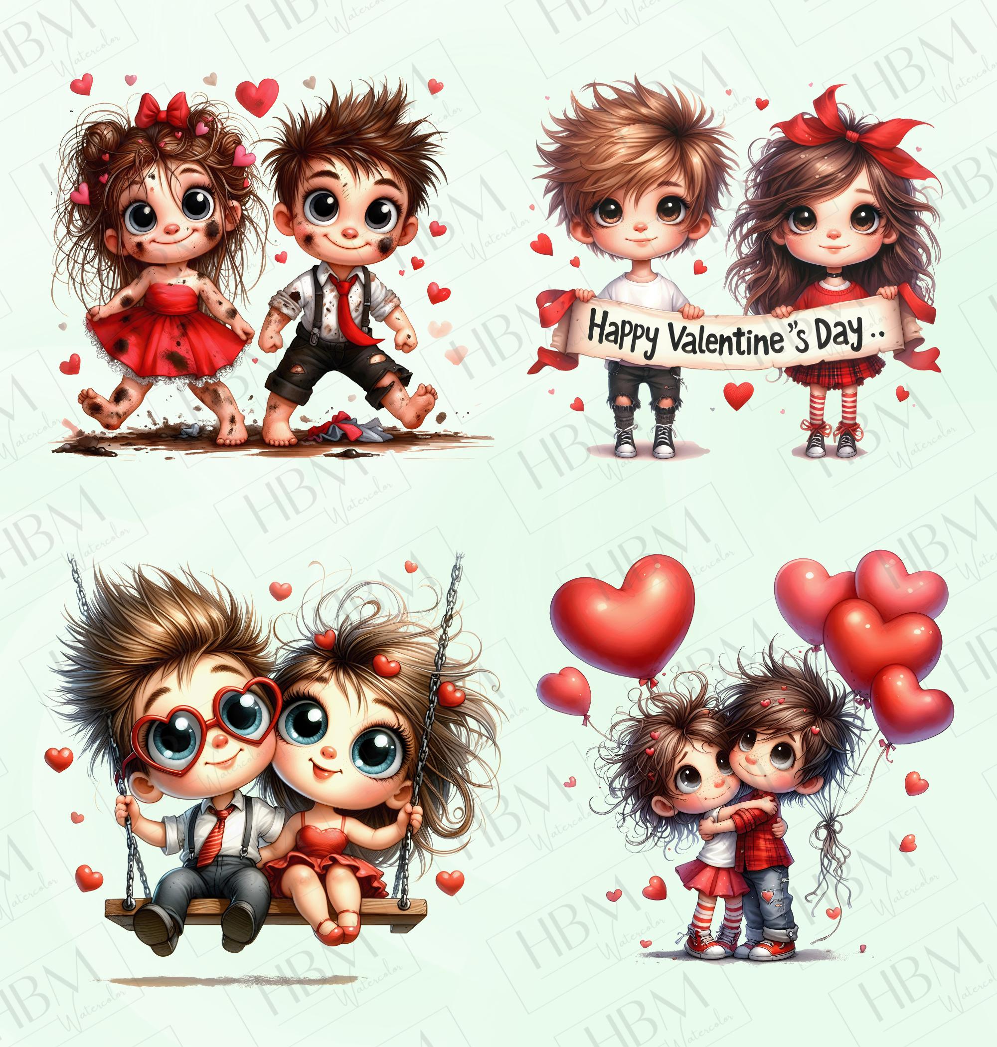 Funny Watercolor Valentine Boy & Girl Clipart Bundle, Whimsical ...