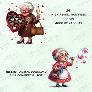Funny Watercolor Valentine Old Lady Clipart Bundle, Whimsical Grandma ...