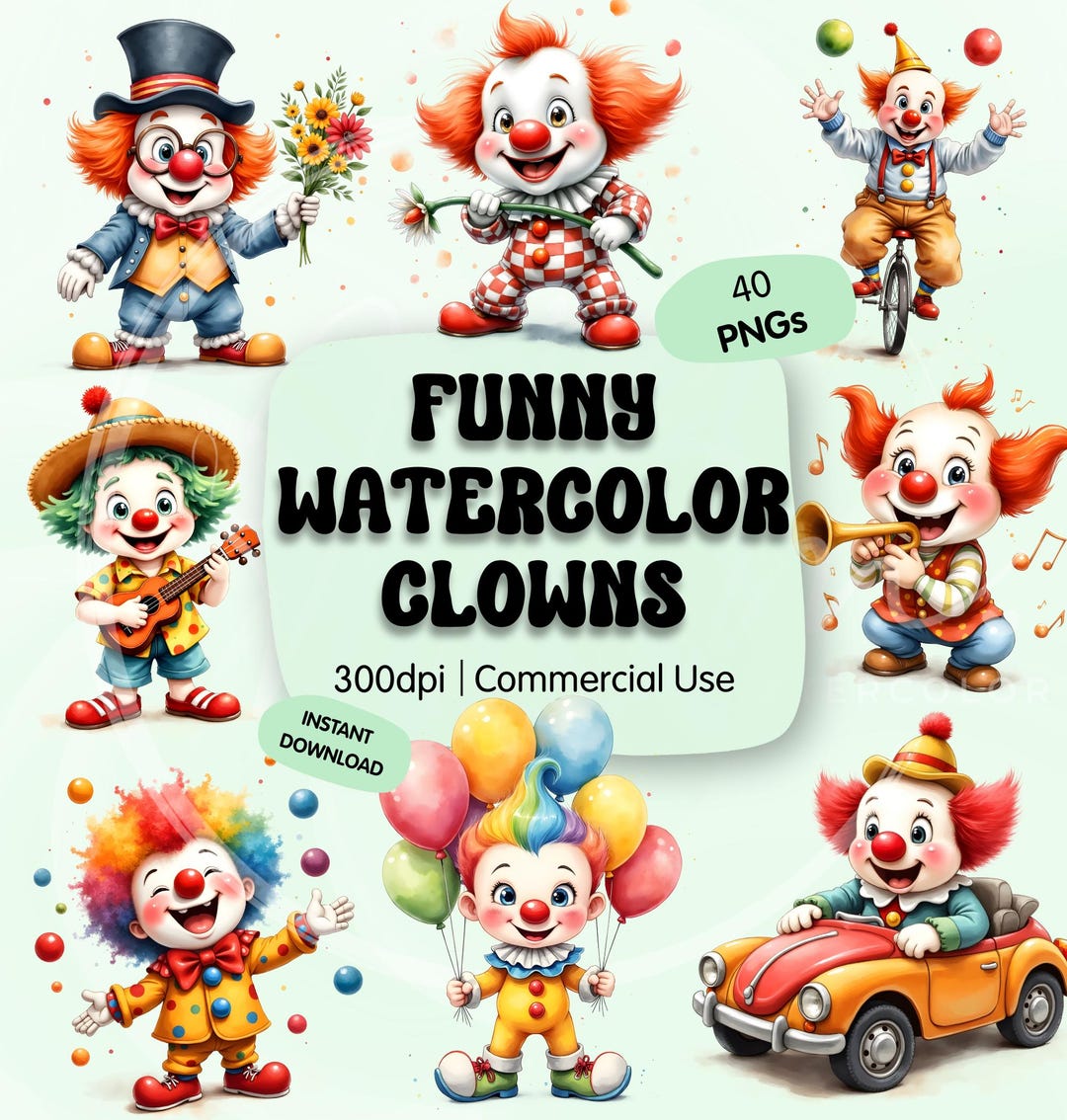 Funny Watercolor Clown Clipart Bundle, Circus Birthday Cartoon Art ...