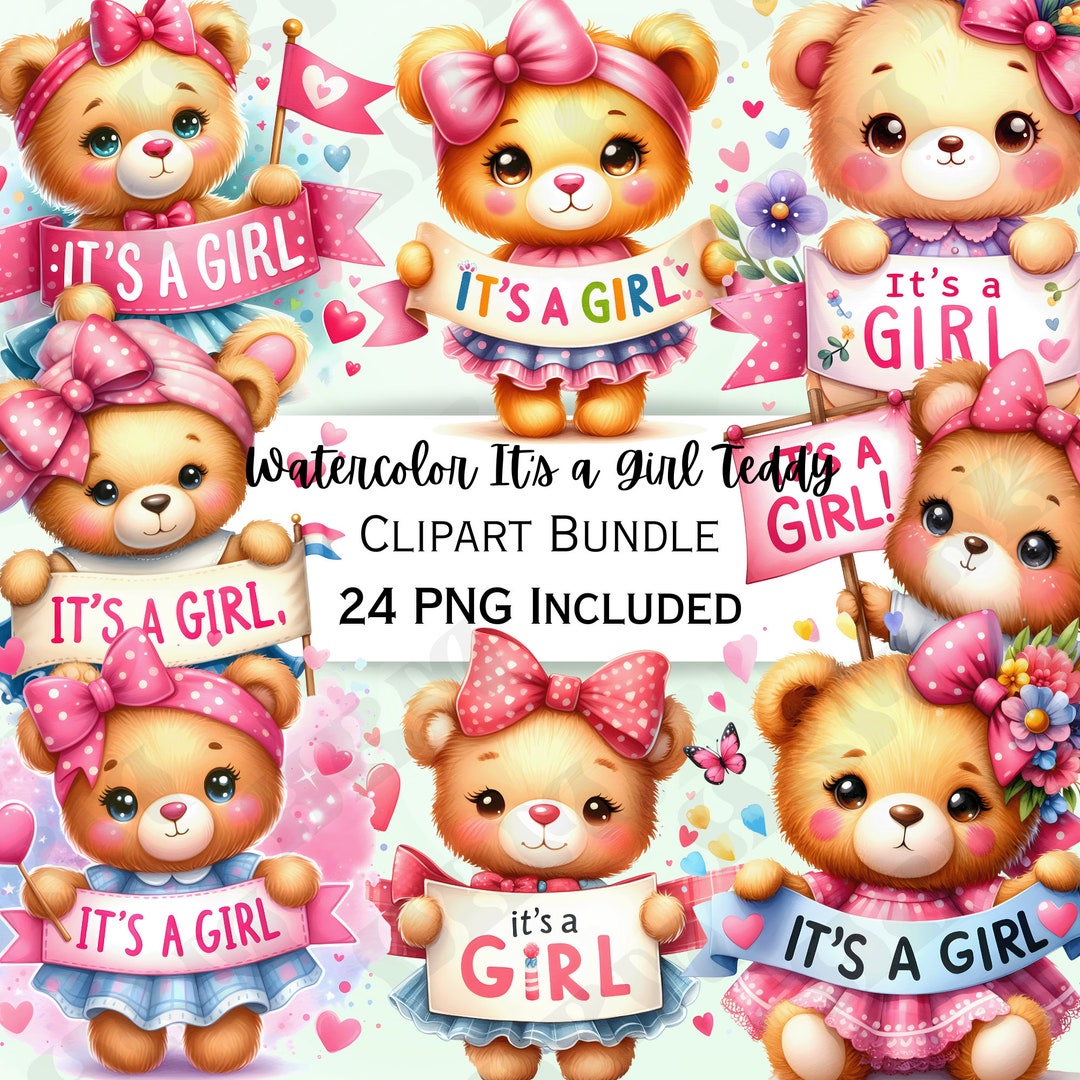 Watercolor Girl Bear Clipart Bundle, Cute Teddy Nursery Decor, Pink ...