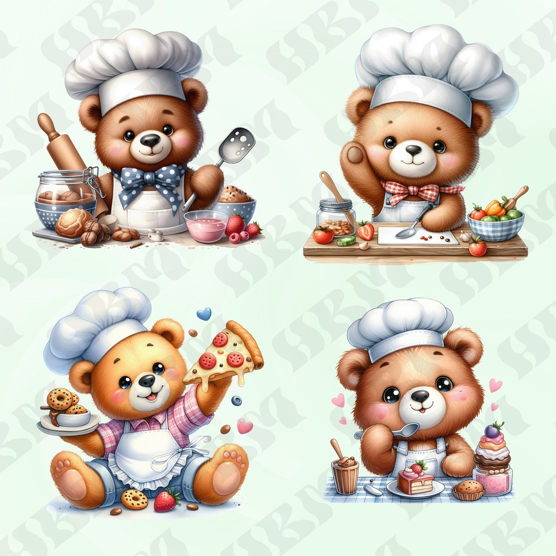 Cute Watercolor Teddy Chef Clipart Bundle, Culinary Bear Illustrations ...