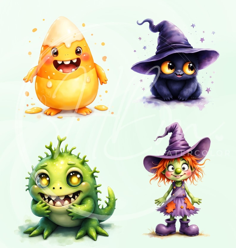 Cute Halloween Critters Clipart Bundle, Watercolor Monster Ghost Pngs ...