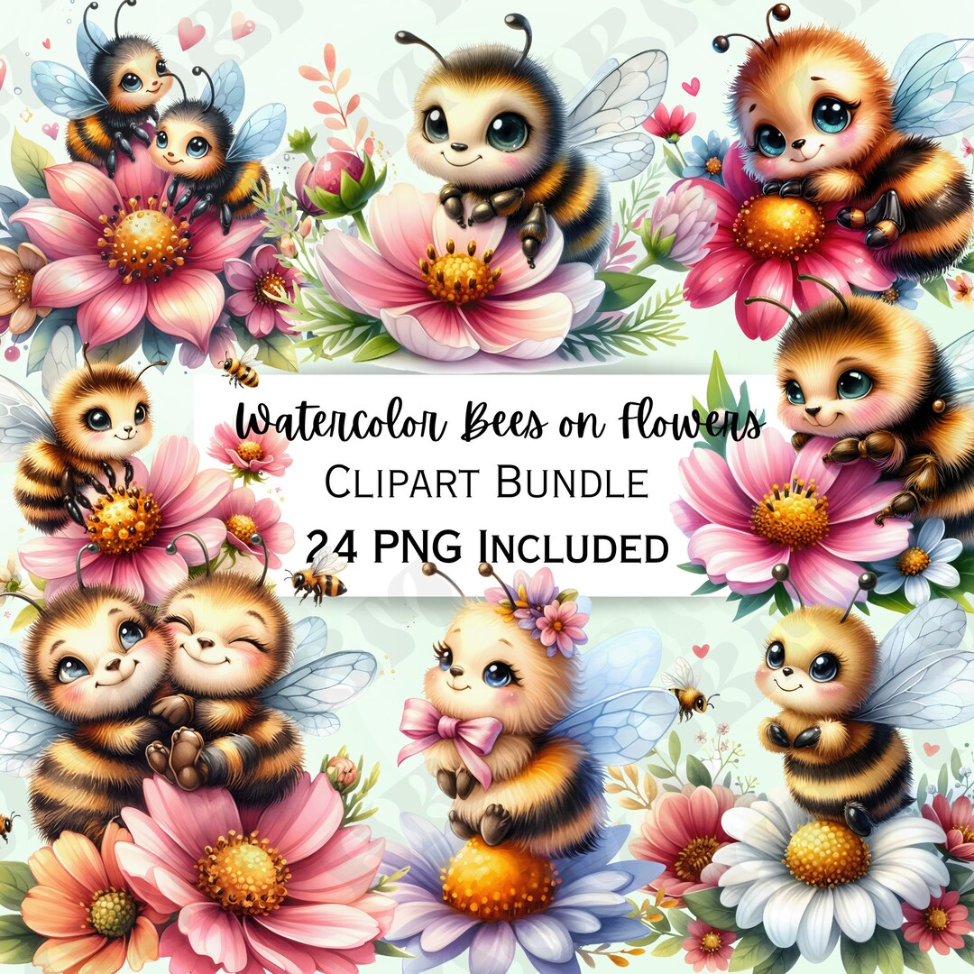Cute Watercolor Bees on Flowers Clipart Bundle, Daisies Nursery Decor ...
