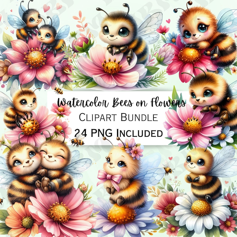 Cute Watercolor Bees on Flowers Clipart Bundle, Daisies Nursery Decor ...