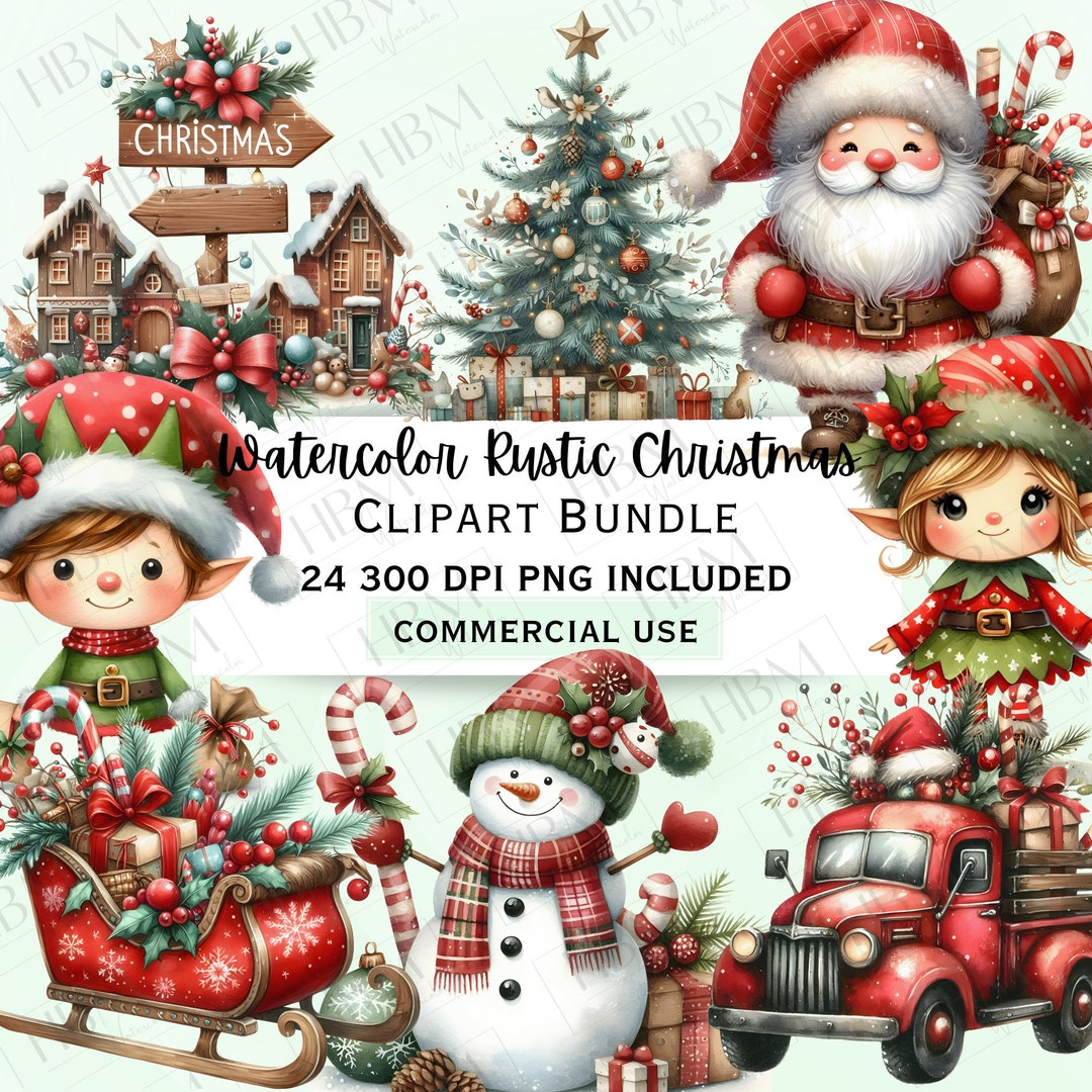 Rustic Watercolor Christmas Clipart Bundle, Snowman Graphic, Farmhouse ...
