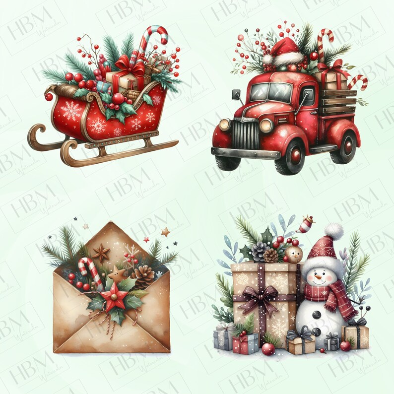 Rustic Watercolor Christmas Clipart Bundle, Snowman Graphic, Farmhouse ...