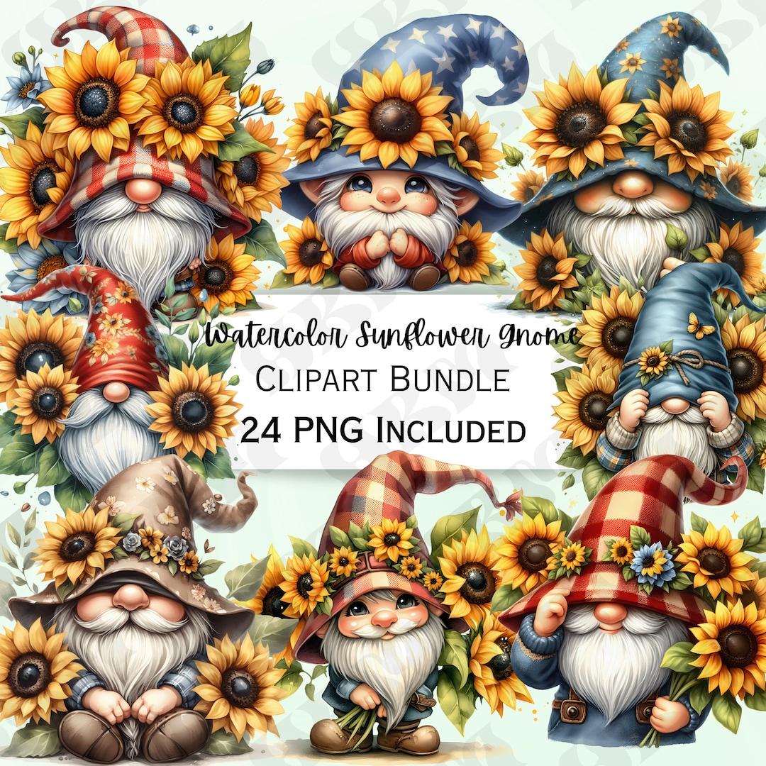 Watercolor Sunflower Gnomes Clipart Bundle, Cute Floral Decor, Adorable ...
