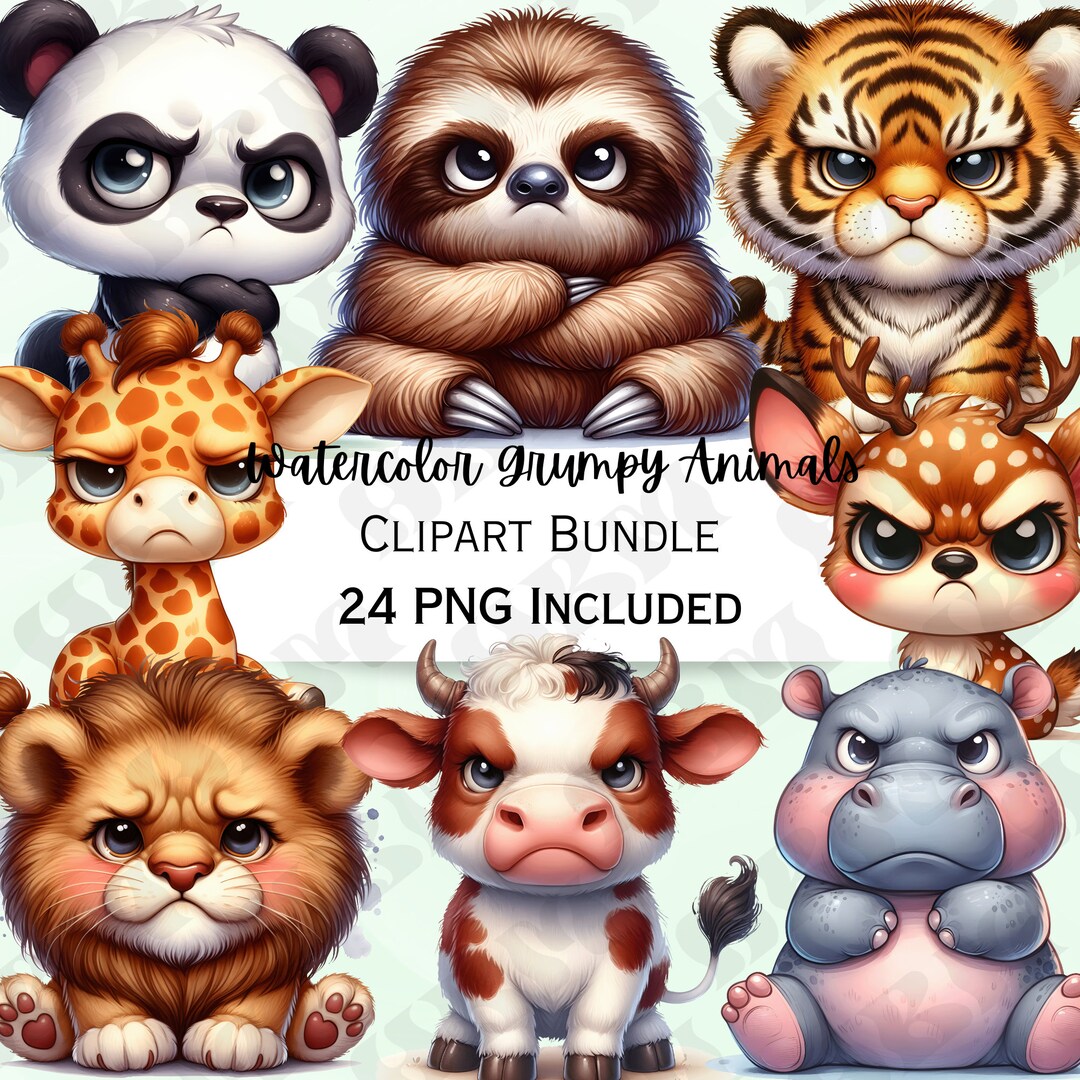 Cute Watercolor Grumpy Animals Clipart Bundle, Funny Nursery Decor ...