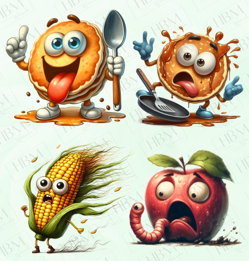 Funny Watercolor Food Characters Clipart Bundle, Quirky Kawaii Graphics ...