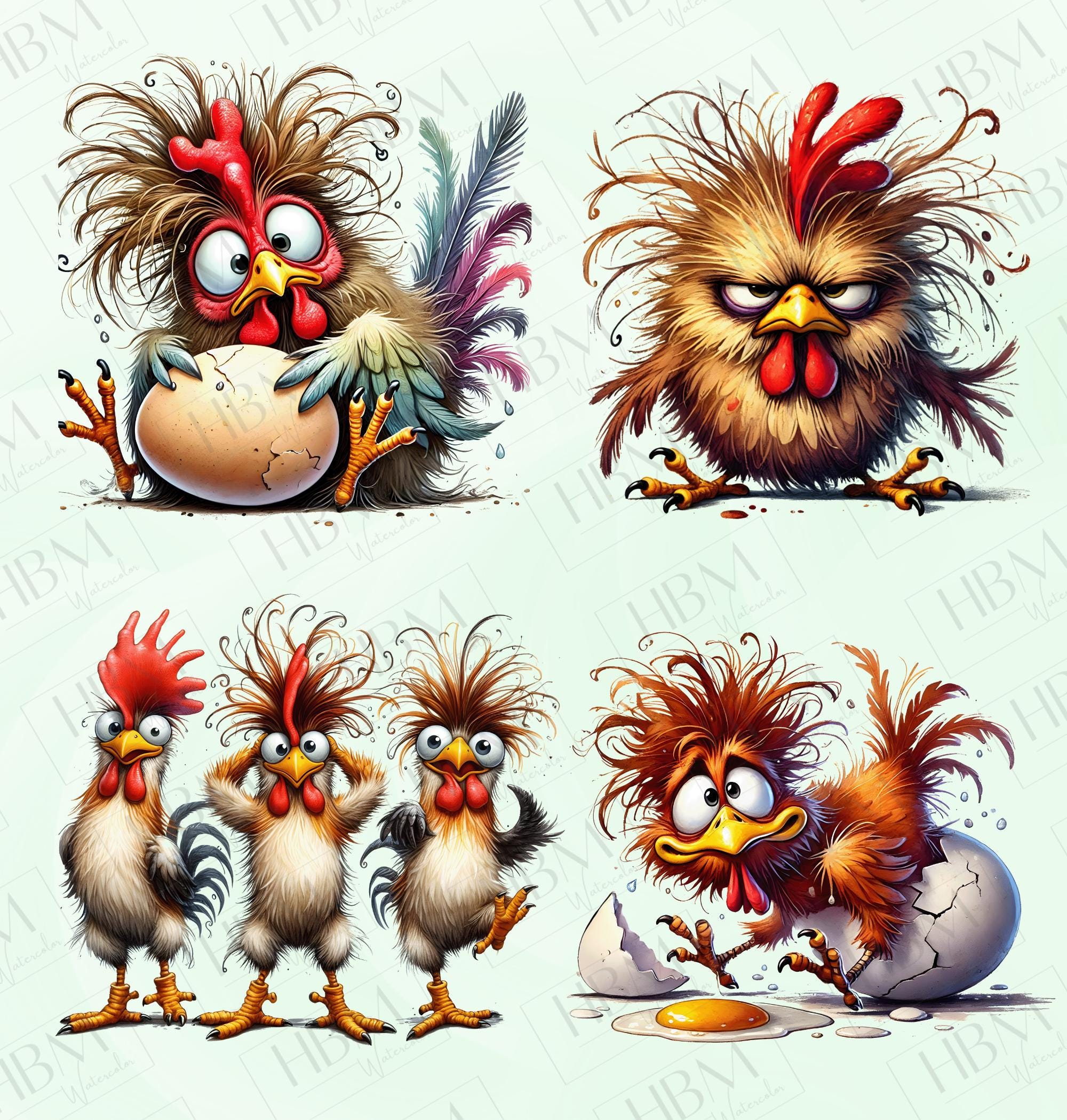 Funny Quirky Chicken Clipart Bundle, Humorous Whimsical Rooster Sticker ...