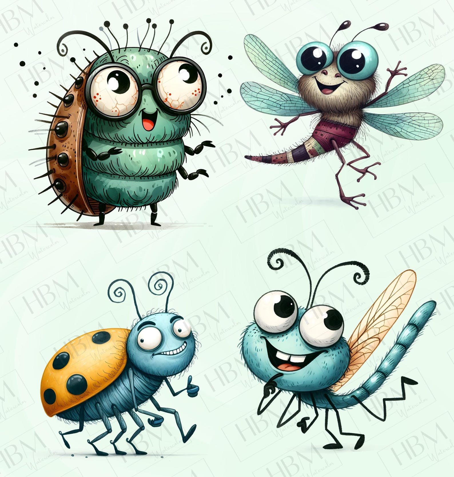 Funny Quirky Insects Clipart Bundle, Silly Bug Sticker, Crazy Whimsical ...