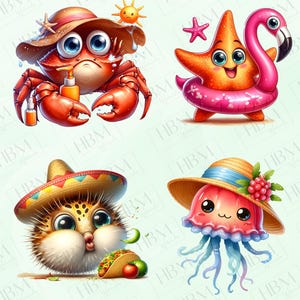 Funny Summer Sea Animals Clipart Bundle, Cute Beach Ocean PNG, Tropical ...