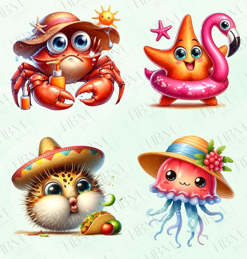 Funny Summer Sea Animals Clipart Bundle, Cute Beach Ocean PNG, Tropical ...