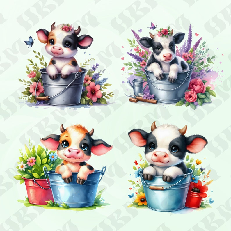 Cute Watercolor Cows in Buckets Clipart Bundle, Bull Stickers, Adorable ...