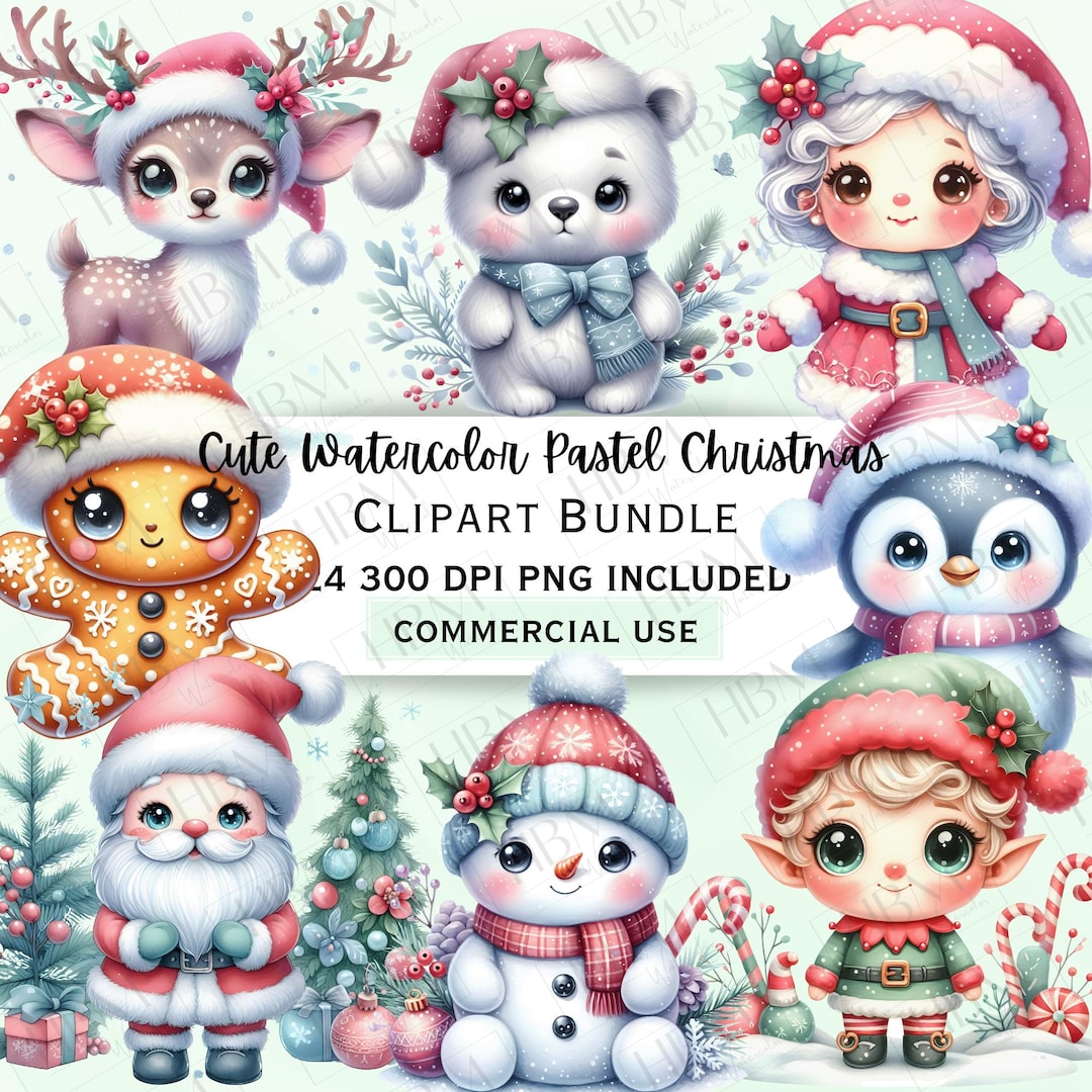 Cute Watercolor Pastel Christmas Clipart Bundle, Adorable Snowman ...