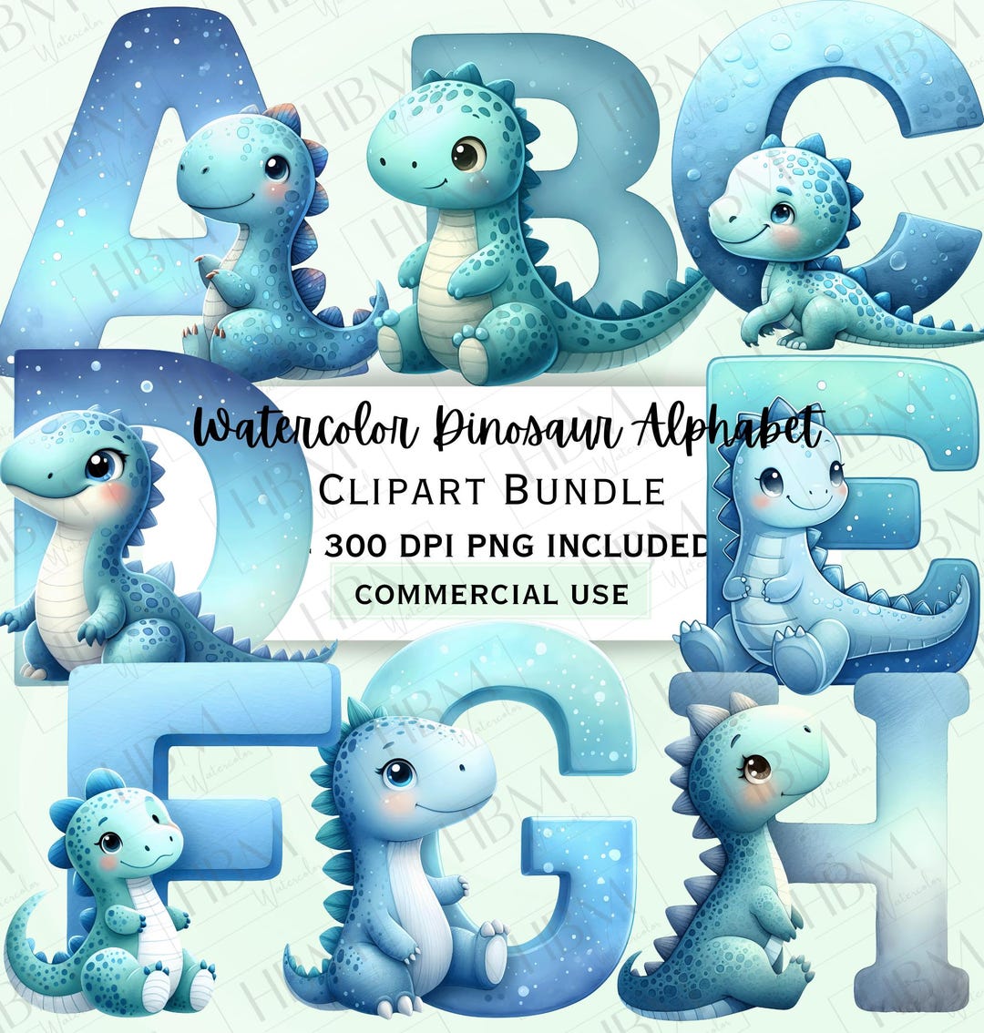 Watercolor Dinosaur Letters Clipart Bundle, Whimsical Blue Graphics ...