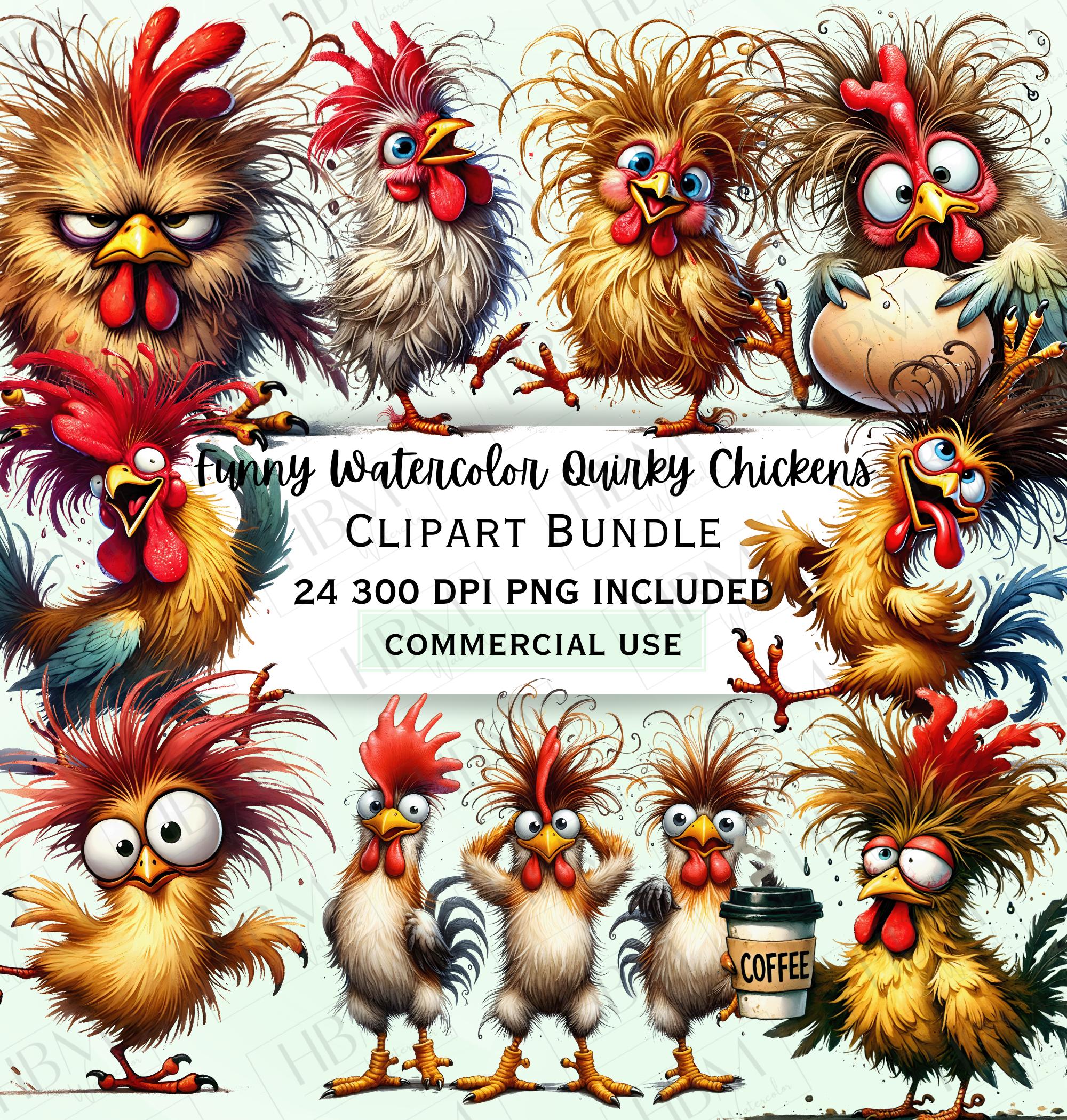 Funny Quirky Chicken Clipart Bundle, Humorous Whimsical Rooster Sticker ...