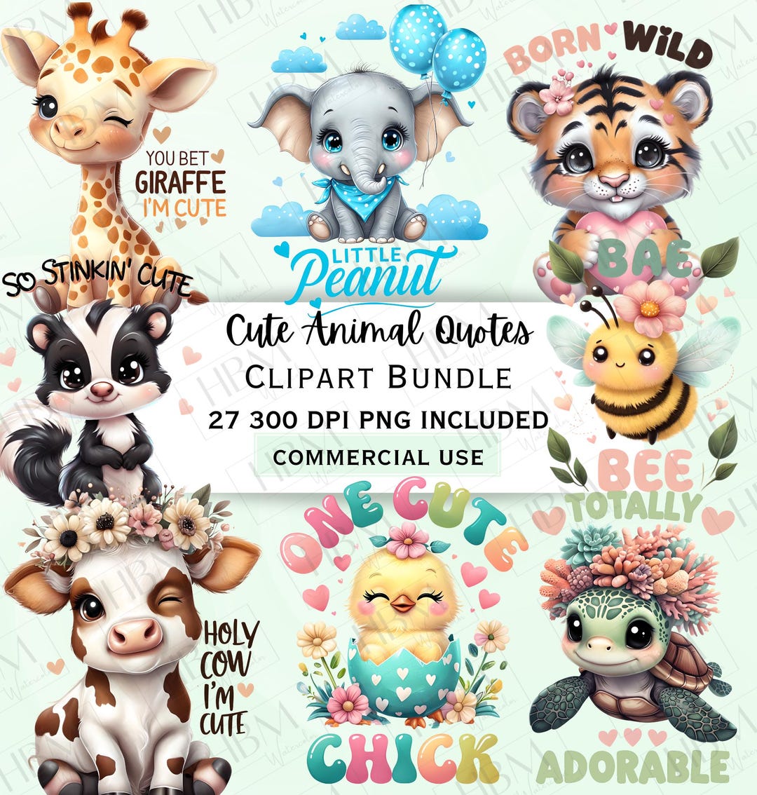 Cute Baby Animal Clipart Bundle, Funny Animal Quotes PNG, Kawaii Jungle ...