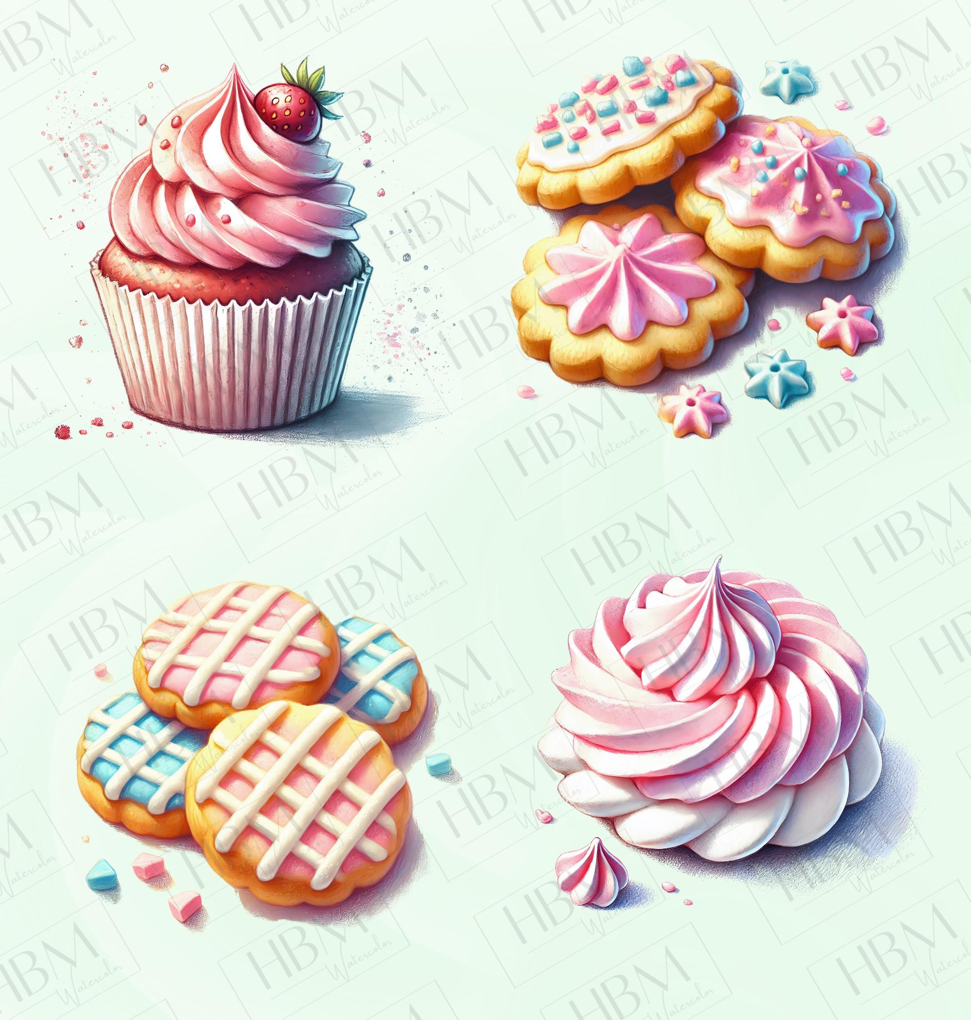 Watercolor Pastel Sweets Clipart Bundle, Party Dessert Graphics ...