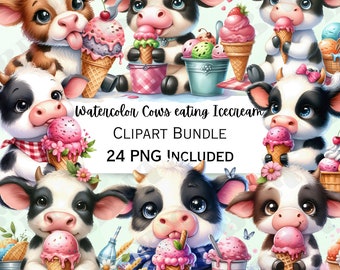 24 Cute Cartoon Cows Eating Icecream Clipart Bundle, Bull Stickers ...