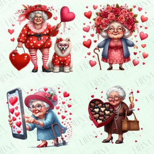 Funny Watercolor Valentine Old Lady Clipart Bundle, Whimsical Grandma ...