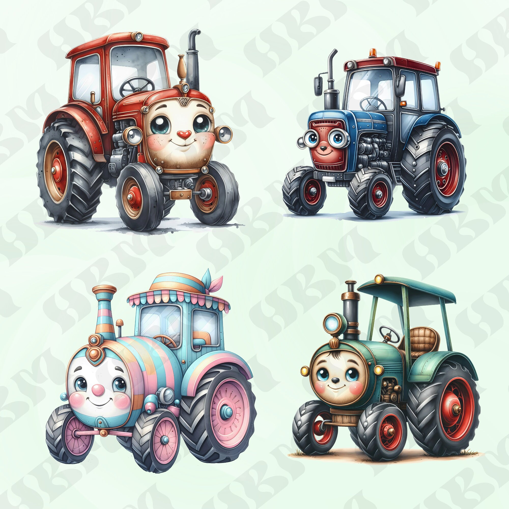 Cute Watercolor Tractors Clipart Bundle, Farm Sticker, Adorable Country ...