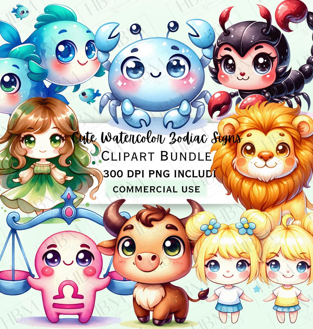 Cute Watercolor Zodiac Signs Clipart Bundle, Horoscope Graphics ...