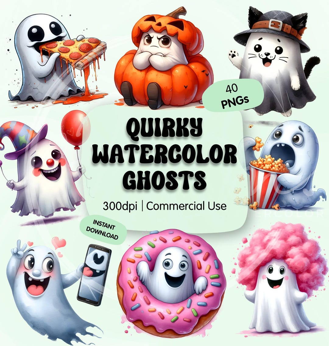 Funny Ghost Clipart Bundle, Quirky Halloween PNG, Cute Ghost With Pizza ...