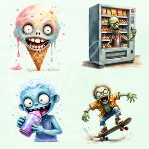 Funny Zombie Clipart Bundle, Quirky Halloween Pngs, Watercolor Zombies ...