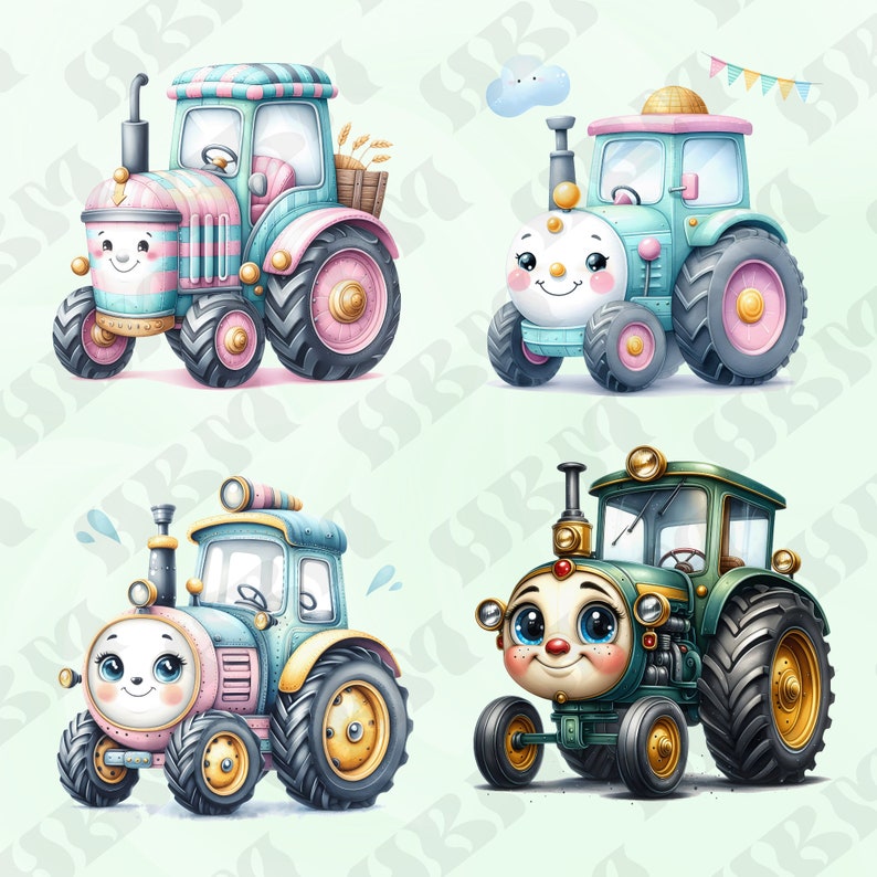 Cute Watercolor Tractors Clipart Bundle, Farm Sticker, Adorable Country ...