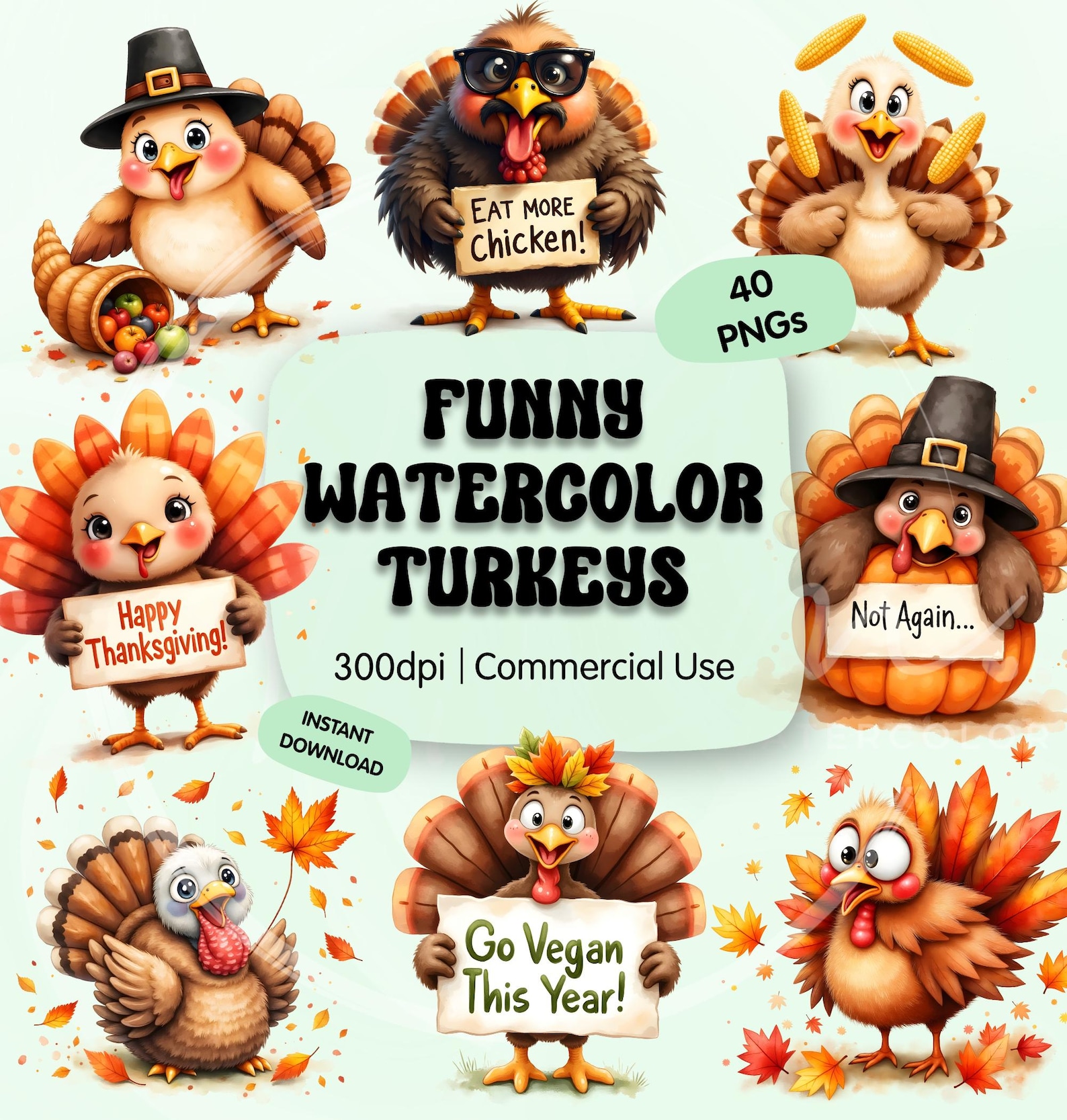 Funny Turkey Clipart Bundle, Watercolor Thanksgiving Pngs, Vegan ...