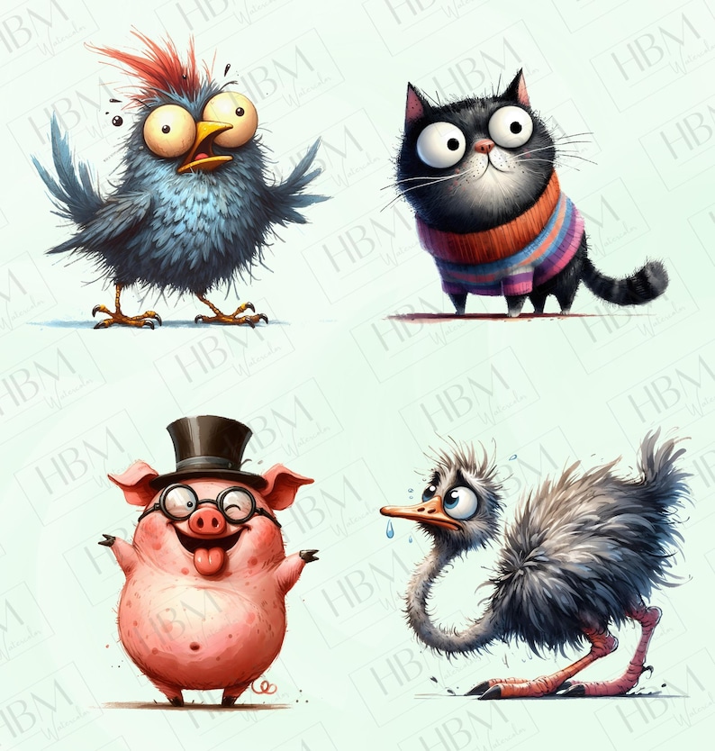 Funny Watercolor Quirky Animals Clipart Bundle, Humorous Critters ...