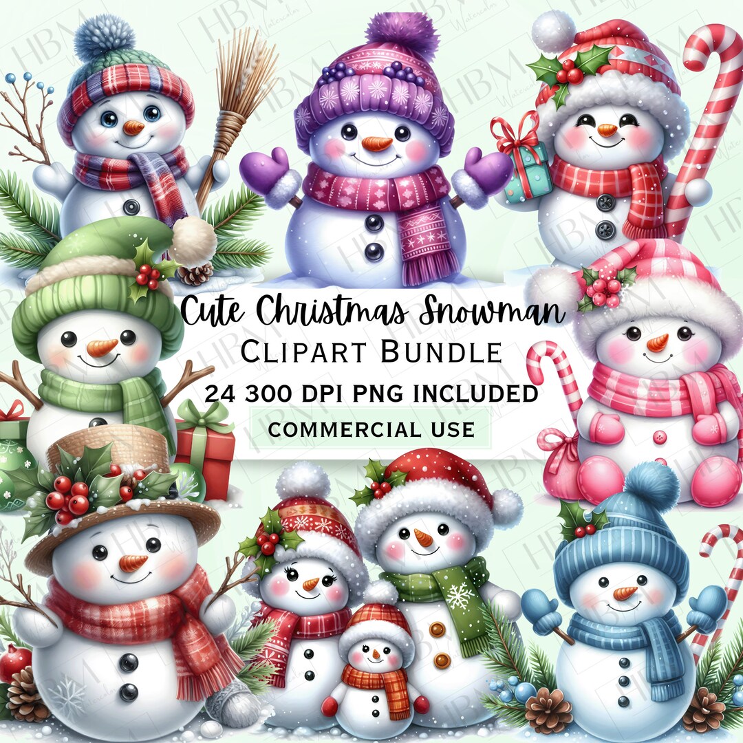 Cute Watercolor Snowman Clipart Bundle, Christmas Sticker, Adorable ...