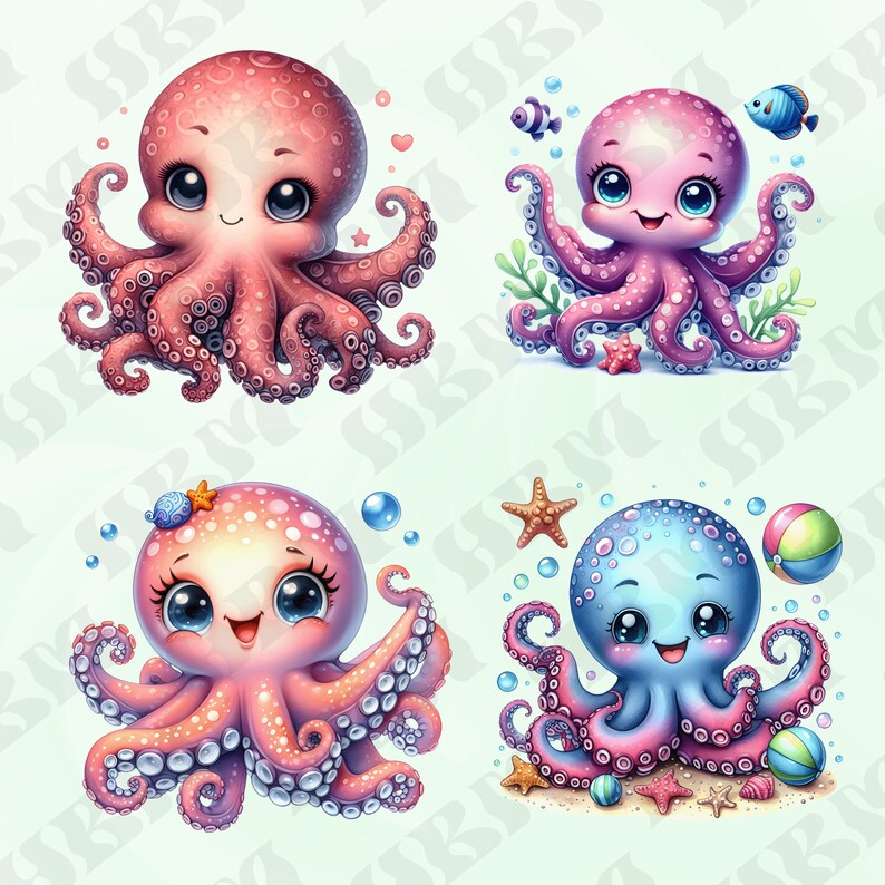Cute Watercolor Octopus Clipart Bundle, Adorable Nursery Decor, Sea ...