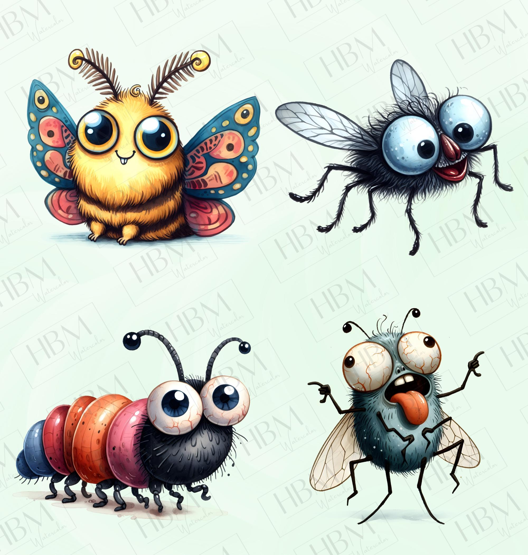 Funny Quirky Insects Clipart Bundle, Silly Bug Sticker, Crazy Whimsical ...