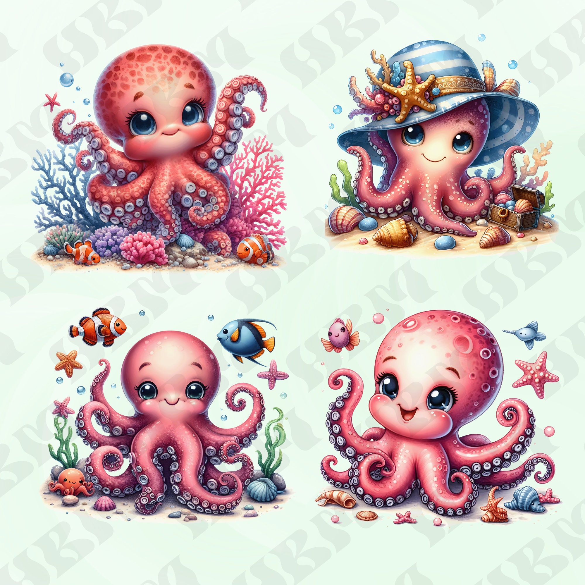 Cute Watercolor Octopus Clipart Bundle, Adorable Nursery Decor, Sea ...