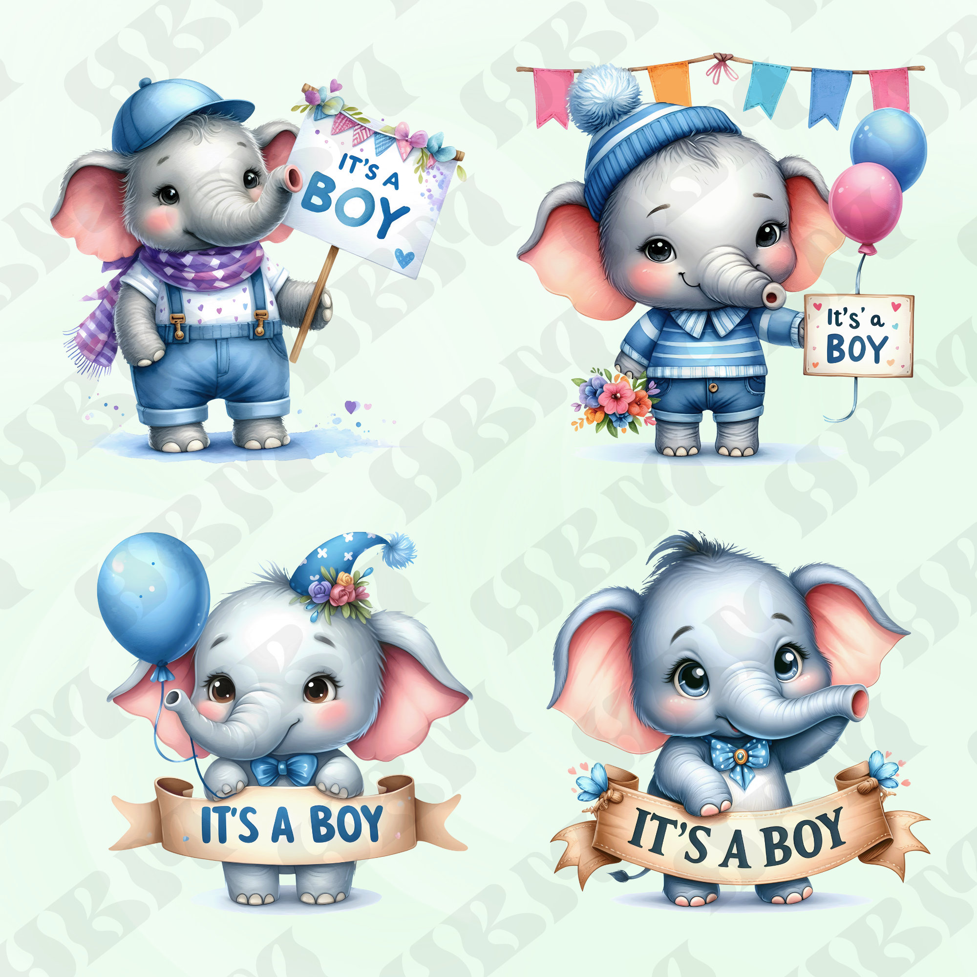 Watercolor Boy Elephant Clipart Bundle, Cute Nursery Decor, Adorable ...