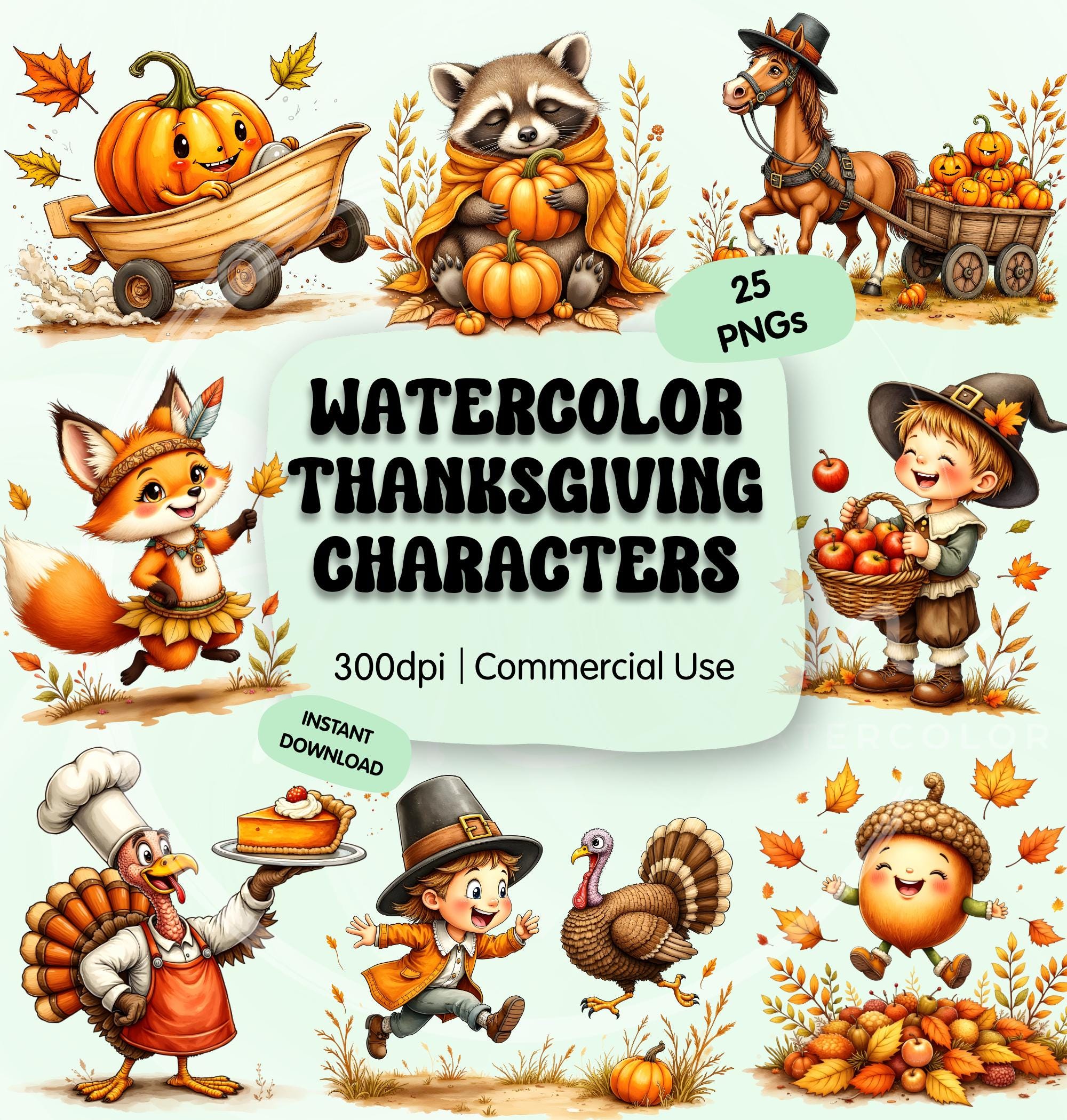 Thanksgiving Character Clipart Bundle, Cute Autumn Animal Pngs ...
