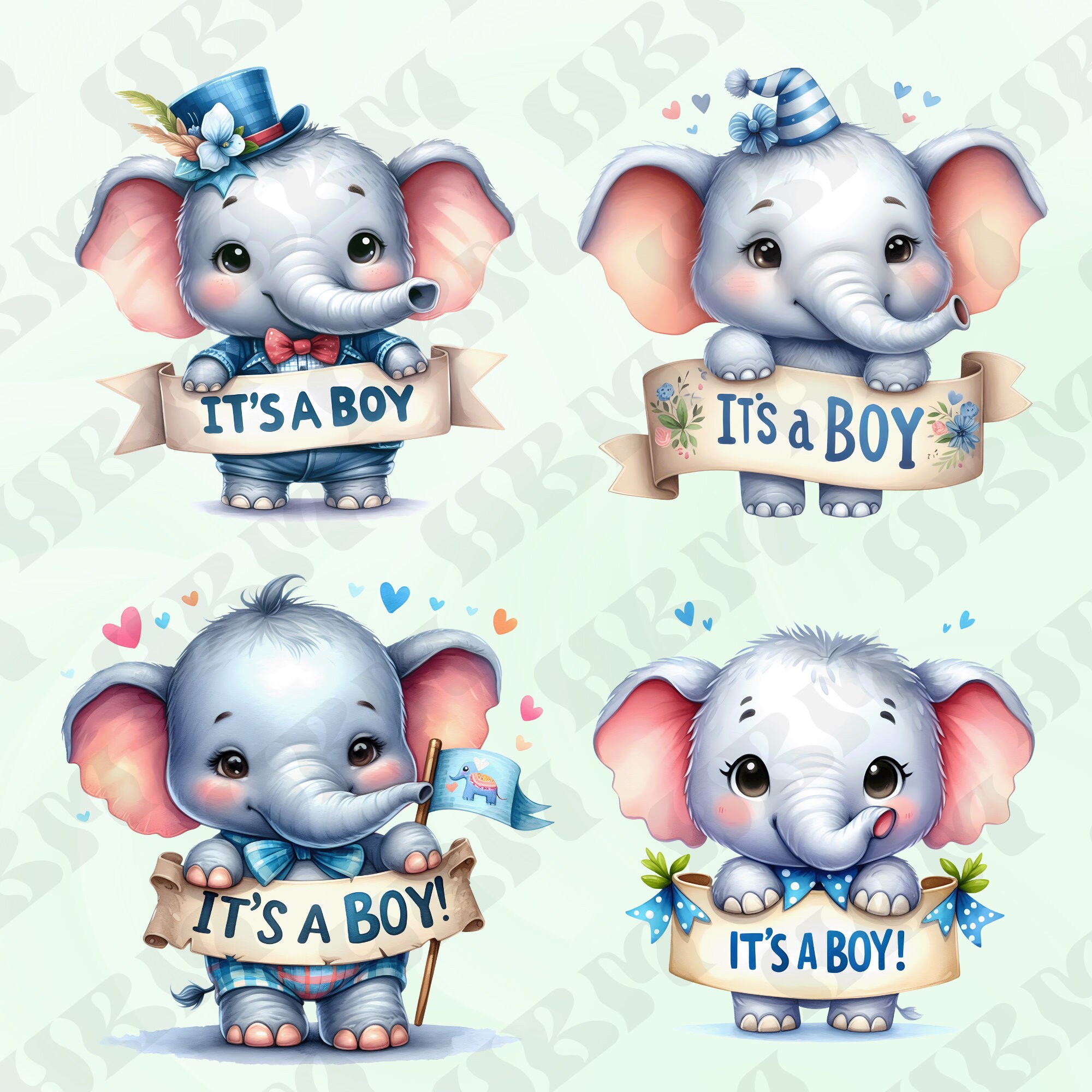 Watercolor Boy Elephant Clipart Bundle, Cute Nursery Decor, Adorable ...