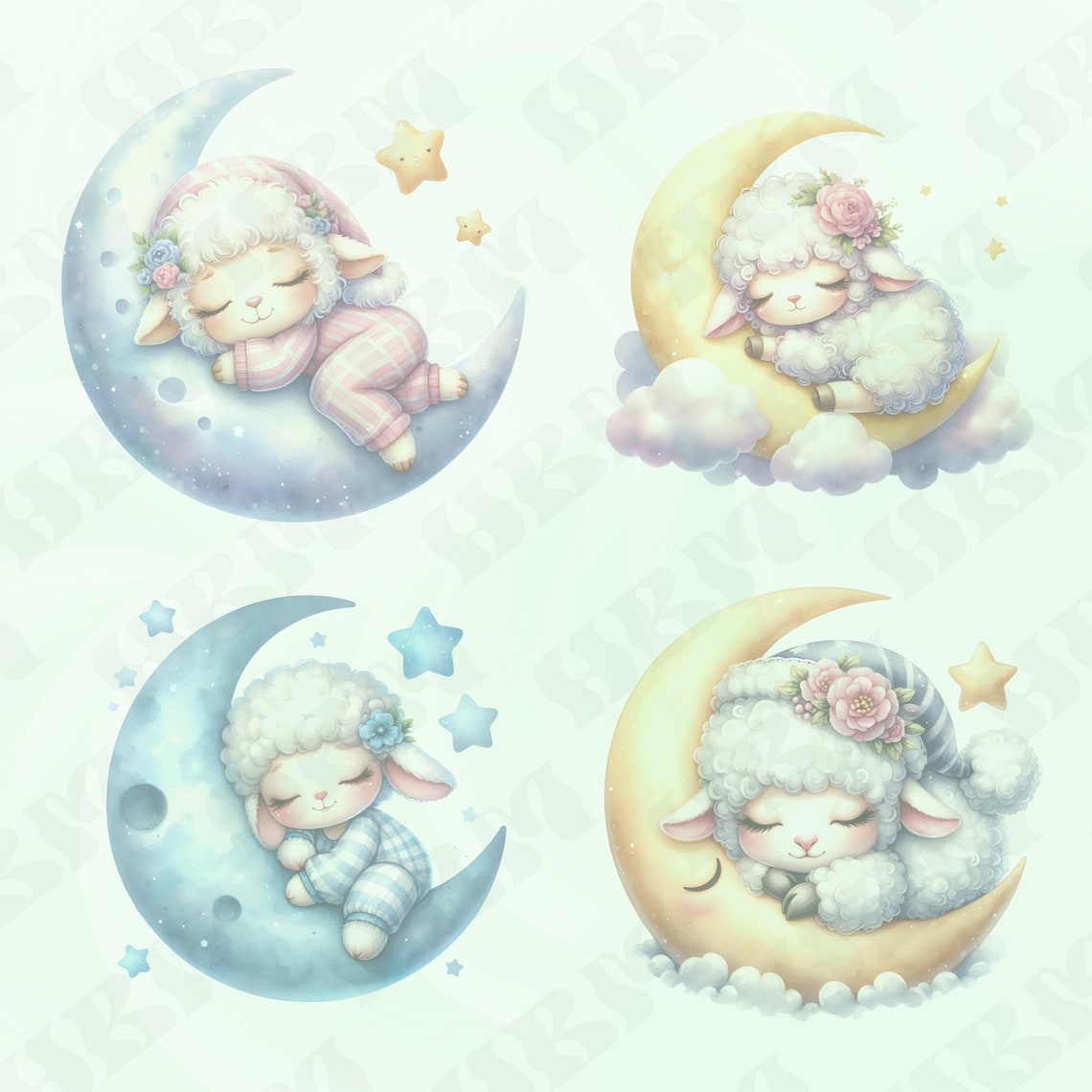 Watercolor Sheep on Moon Clipart Bundle, Cute Lamb Nursery Decor ...