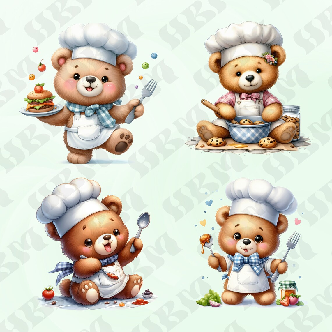 Cute Watercolor Teddy Chef Clipart Bundle, Culinary Bear Illustrations ...