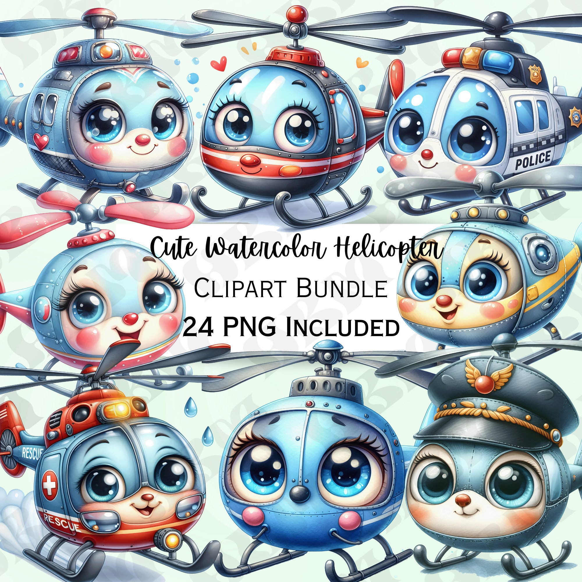 Cute Watercolor Helicopters Clipart Bundle, Aviation Sticker, Adorable ...