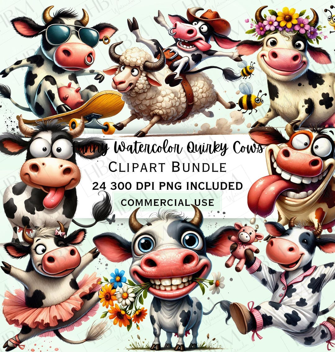 Funny Quirky Cows Clipart Bundle, Humorous Whimsical Bovine Sticker ...