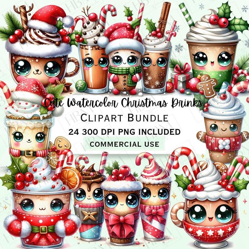Cute Watercolor Christmas Drinks Clipart Bundle, Festive Hot Cocoa ...