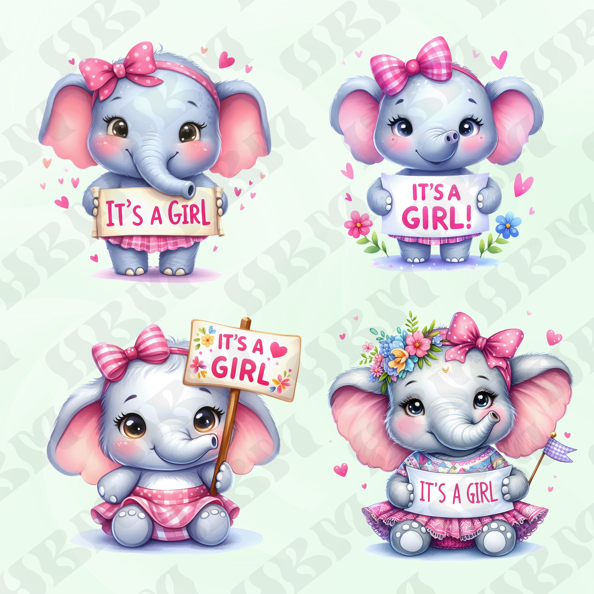 Watercolor Girl Elephant Clipart Bundle, Cute Nursery Decor, Pink Baby ...