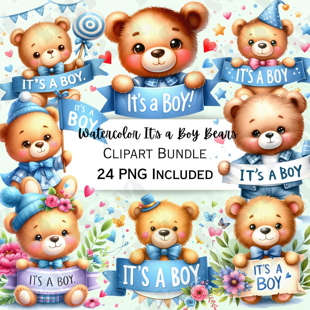 Watercolor Boy Bear Clipart Bundle, Cute Teddy Nursery Decor, Pink Baby ...